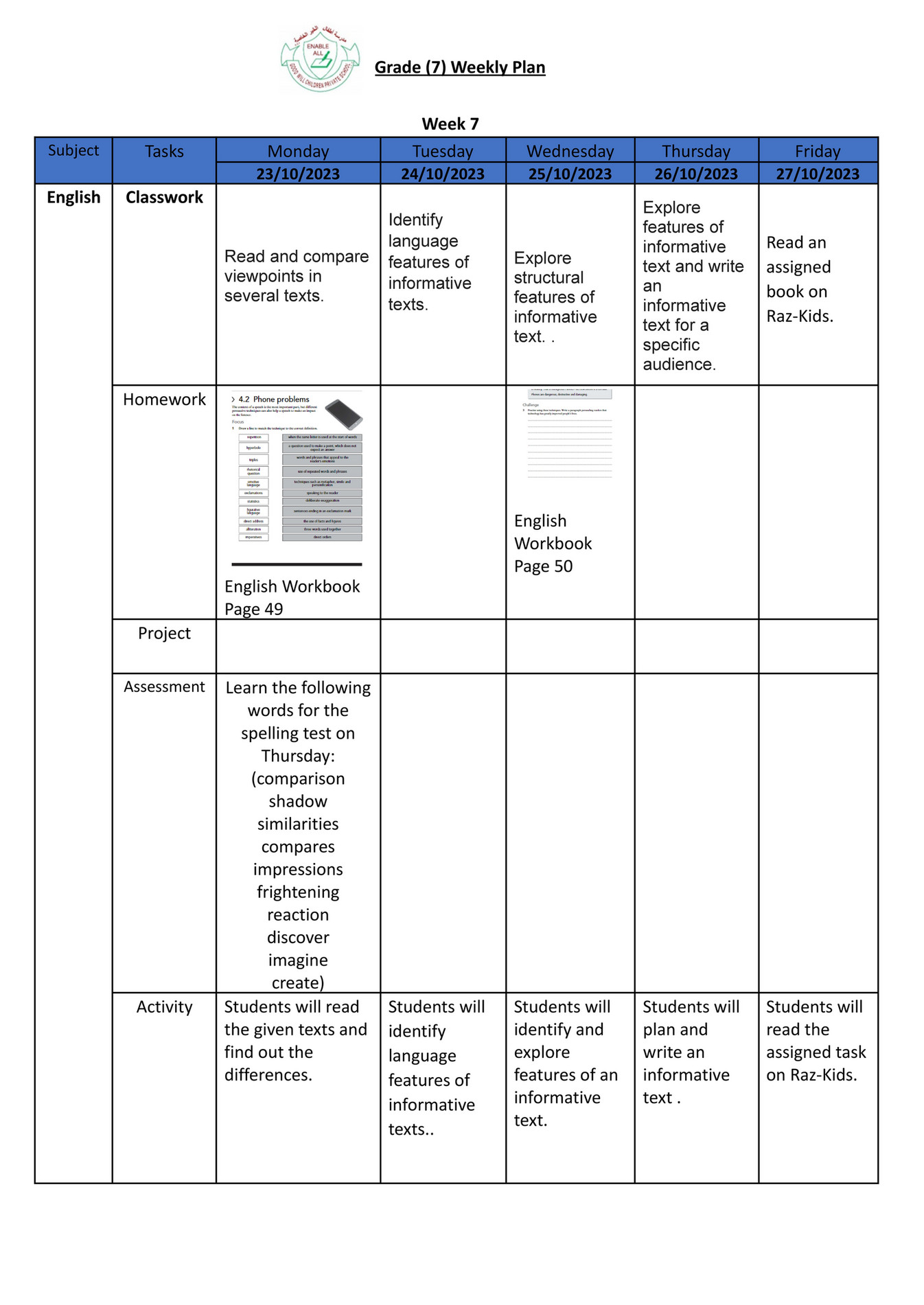 Good Will Children School - GR-7 -Weekly Plan-Term-1-Week-9 - Page 1 ...
