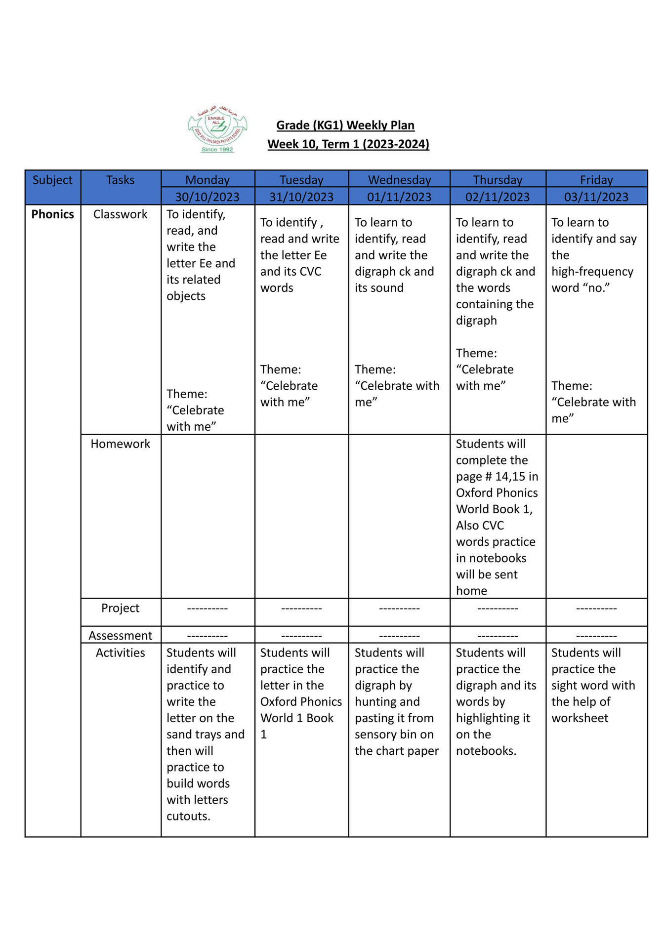 Good Will Children School - KG-1 -Weekly Plan-Term-1-Week-10 - Page 6-7 ...