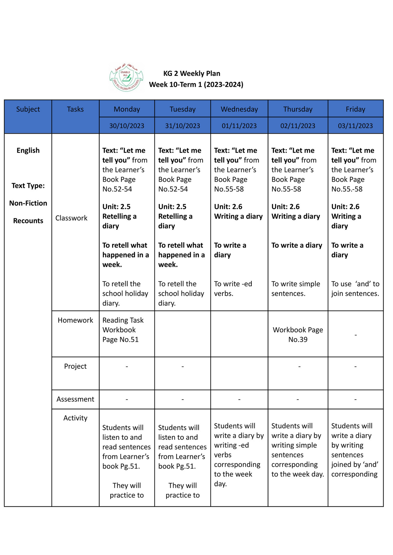 Good Will Children School - KG-2 -Weekly Plan-Term-1-Week-10 - Page 4-5 ...