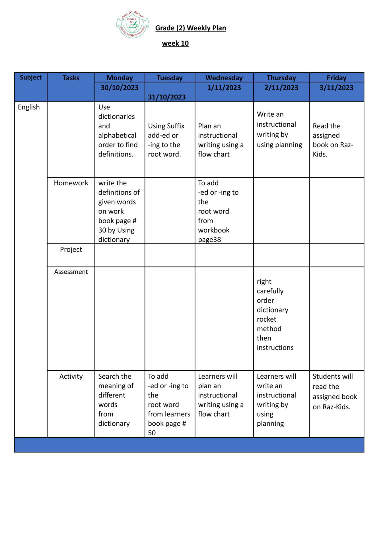 Good Will Children School - GR-2 -Weekly Plan-Term-1-Week-10 - Page 2-3 ...