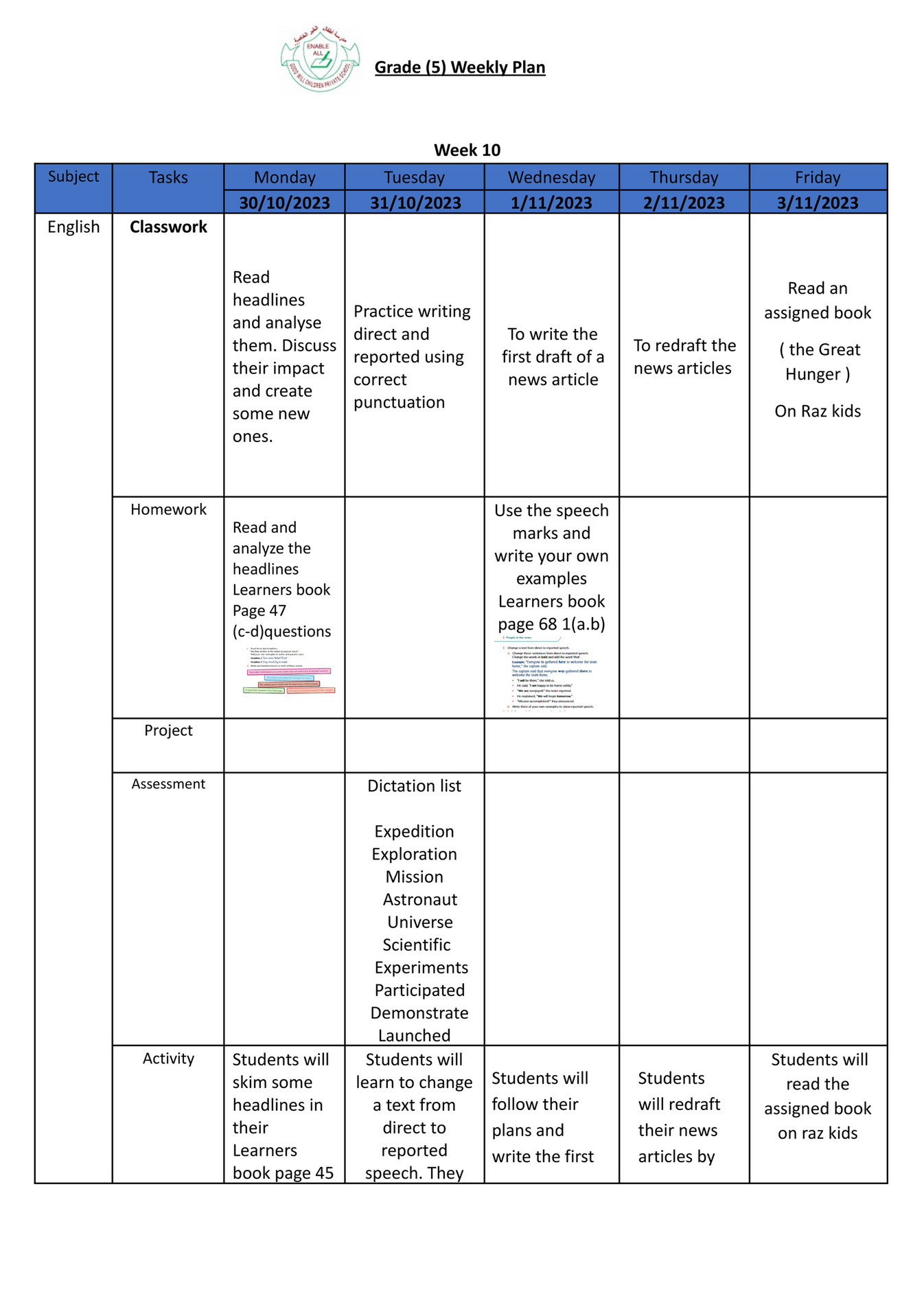 Good Will Children School - GR-5 -Weekly Plan-Term-1-Week-10 - Page 2-3 ...