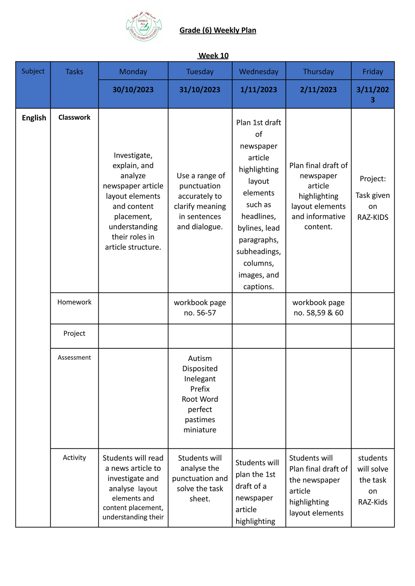 Good Will Children School - GR-6 -Weekly Plan-Term-1-Week-10 - Page 4-5 ...