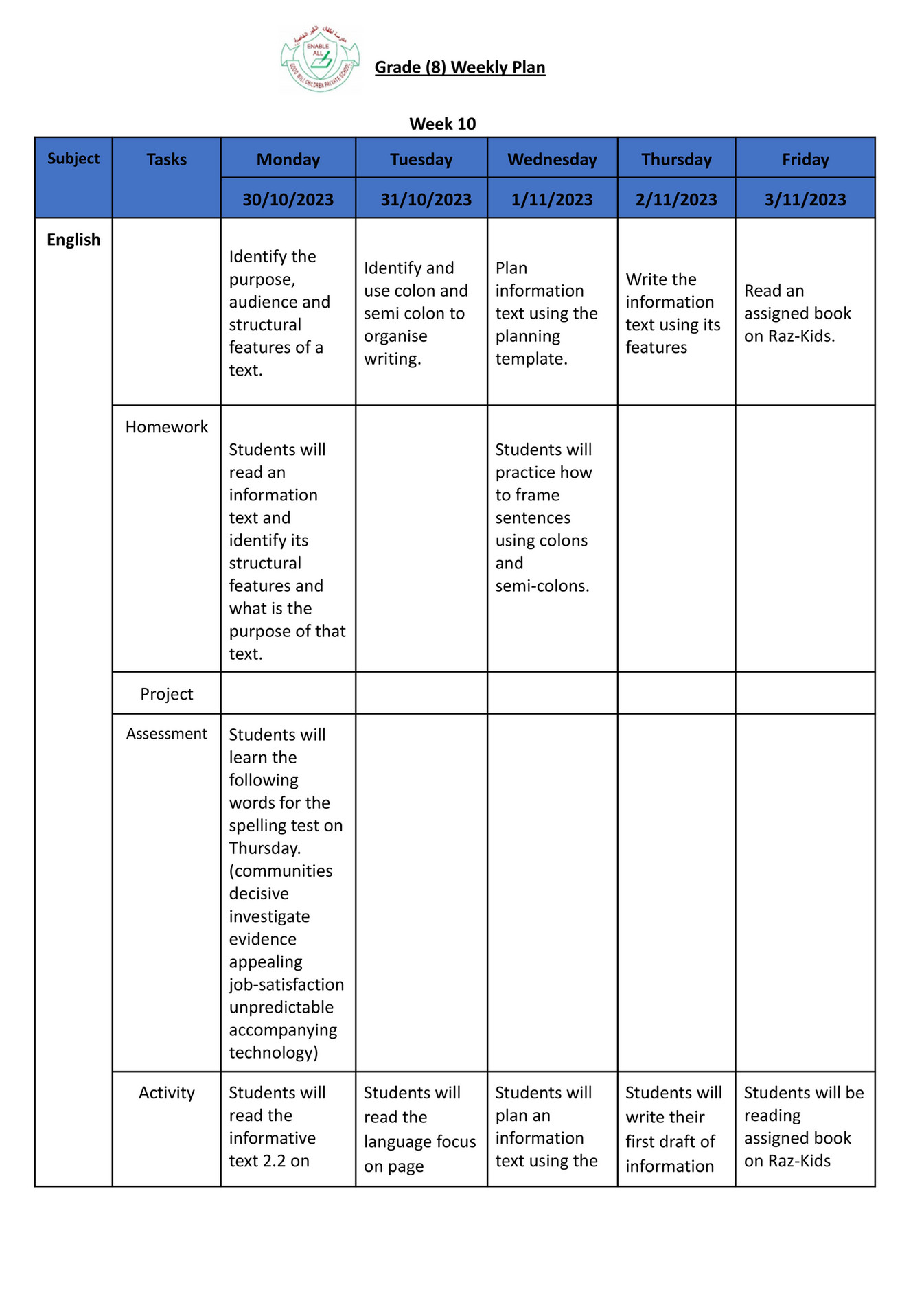 Good Will Children School - GR-8 -Weekly Plan-Term-1-Week-10 - Page 1 ...
