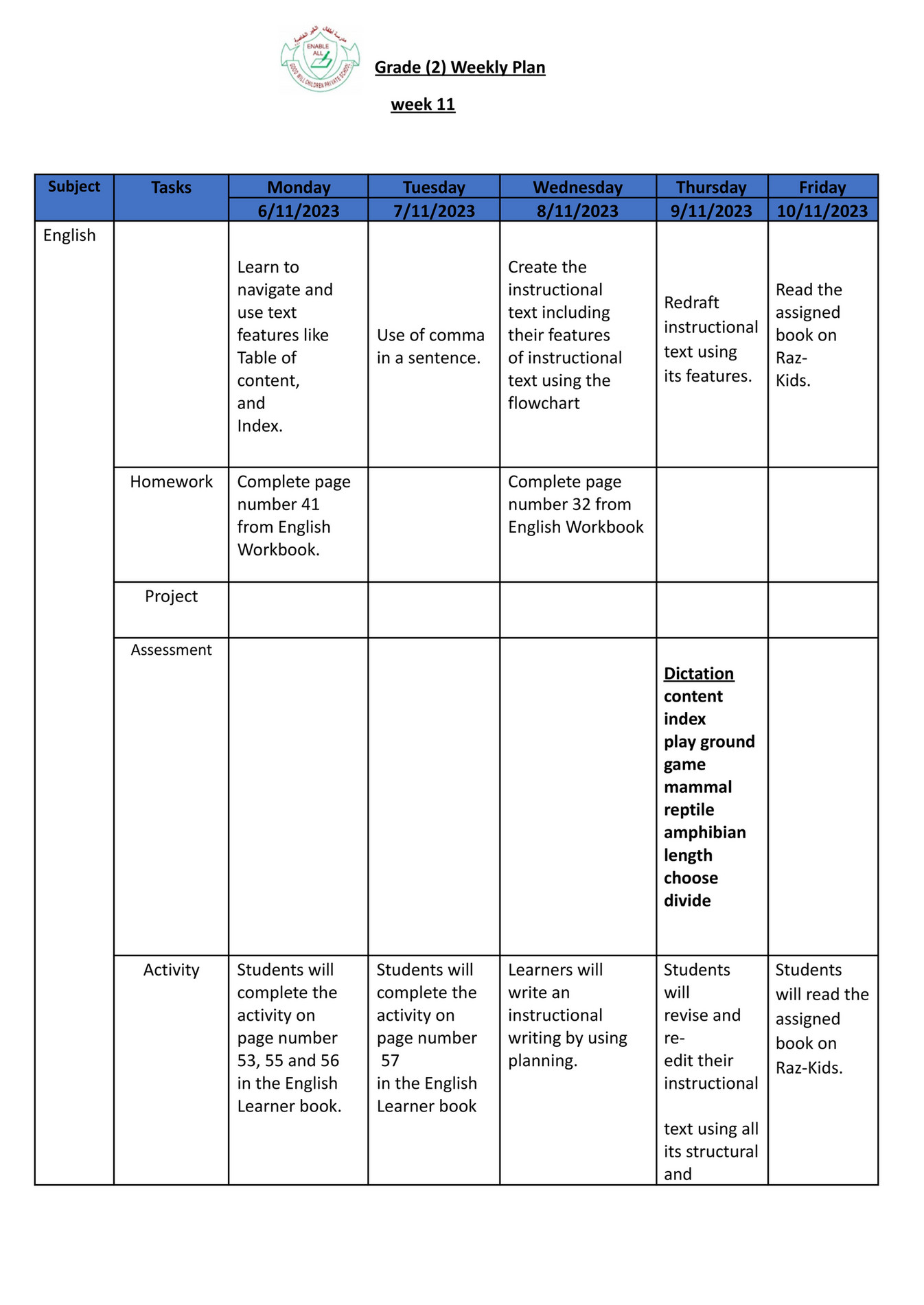 Good Will Children School - GR-2 -Weekly Plan-Term-1-Week-11 - Page 1 ...