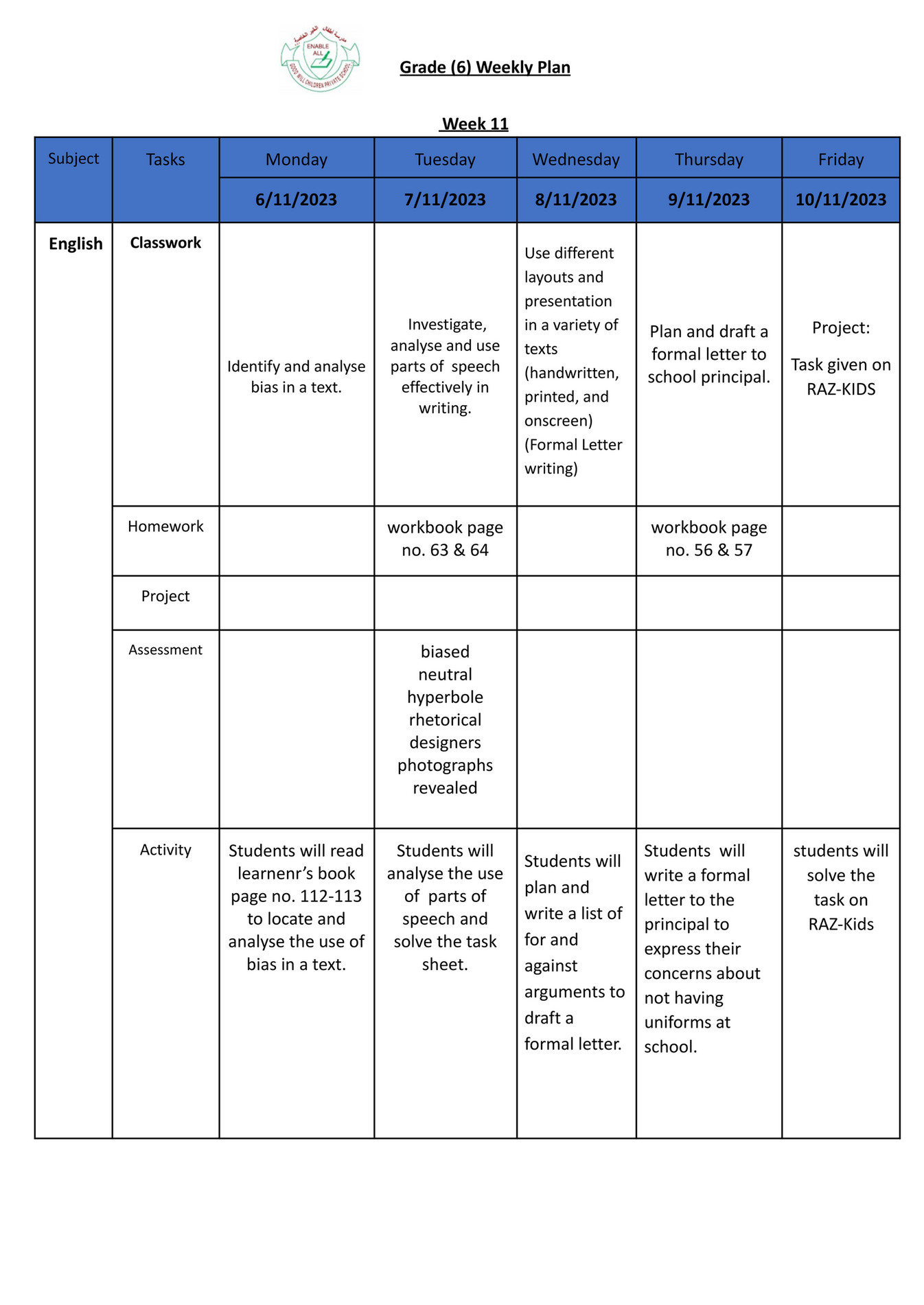 Good Will Children School - GR-6 -Weekly Plan-Term-1-Week-11 - Page 6-7 ...