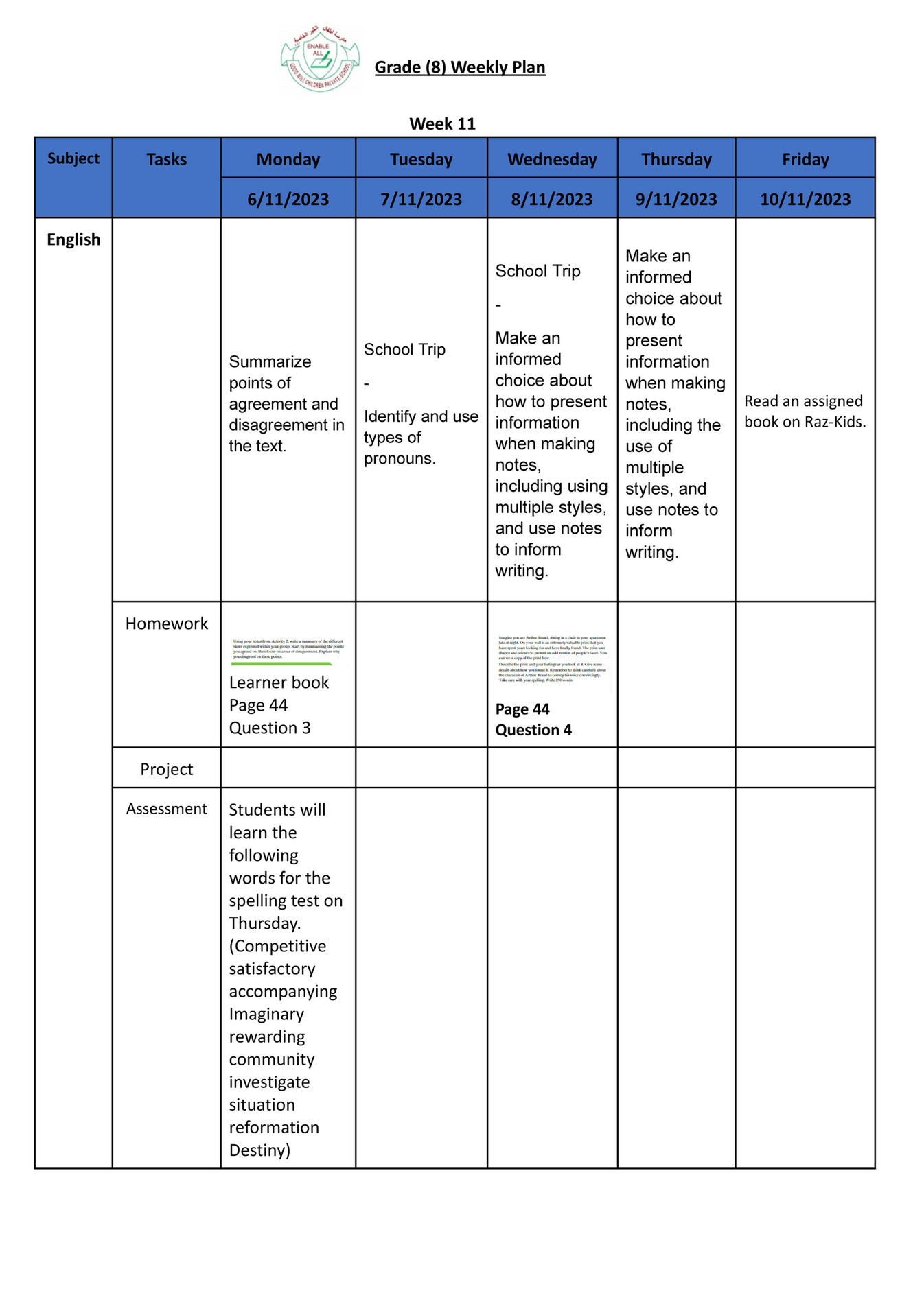 Good Will Children School - GR-8 -Weekly Plan-Term-1-Week-11 - Page 2-3 ...