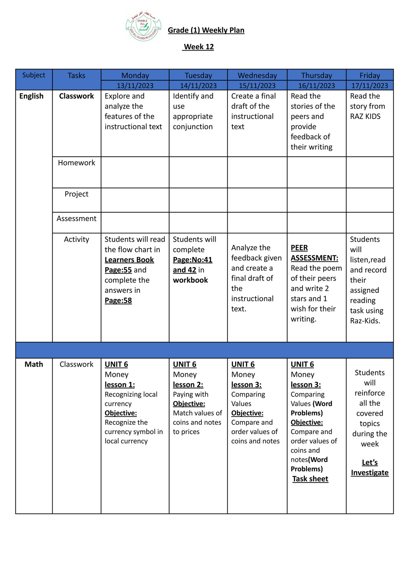 Good Will Children School - GR-1 -Weekly Plan-Term-1-Week-12 - Page 1 ...