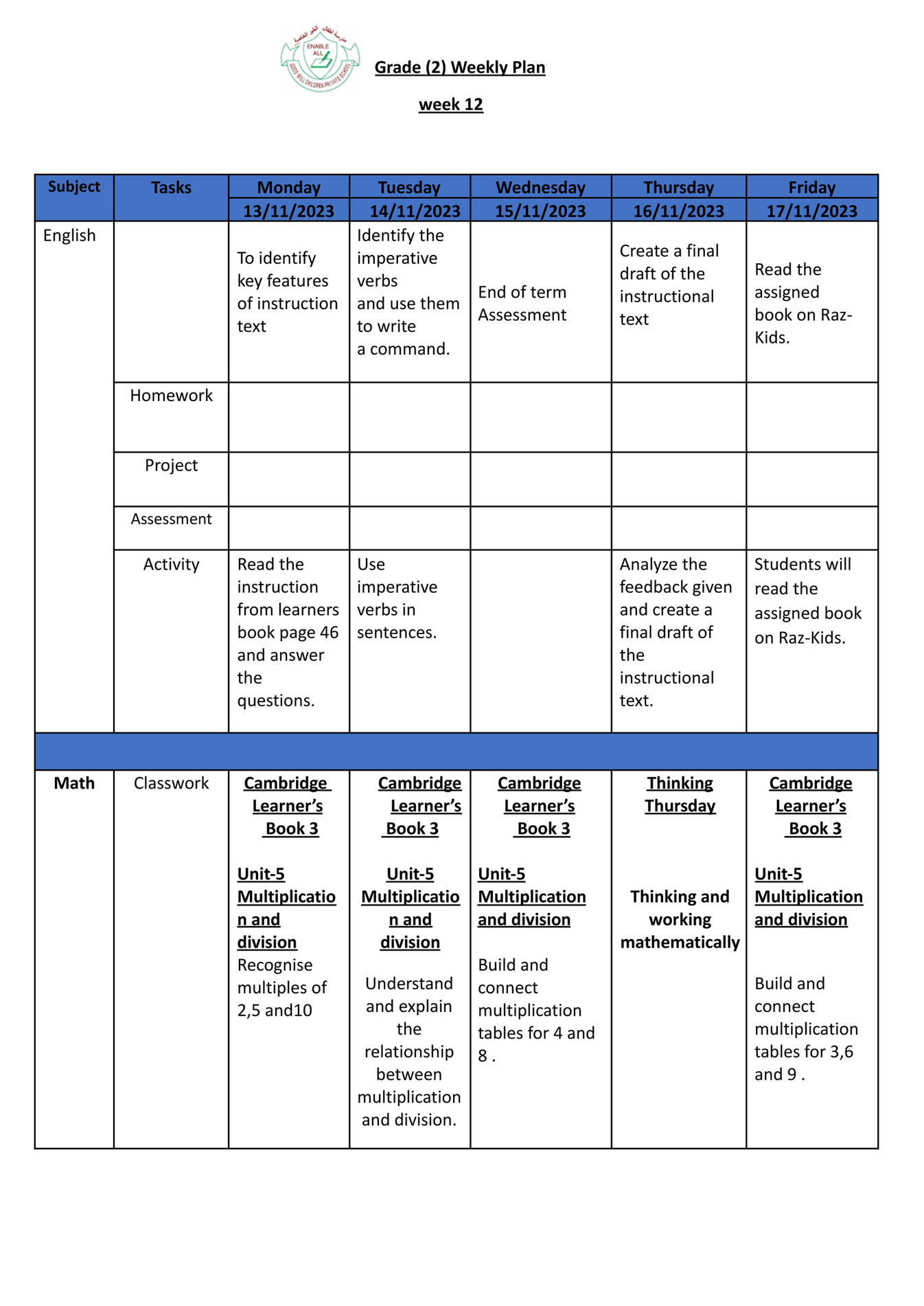 Good Will Children School - GR-2 -Weekly Plan-Term-1-Week-12 - Page 2-3 ...