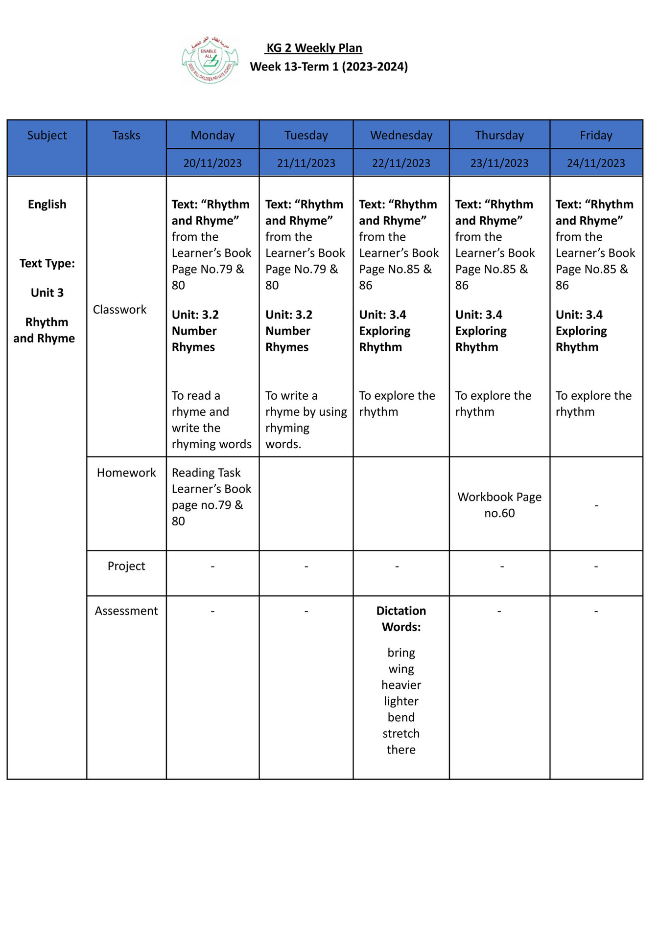 Good Will Children School - KG-2 -Weekly Plan-Term-1-Week-13 - Page 4-5 ...
