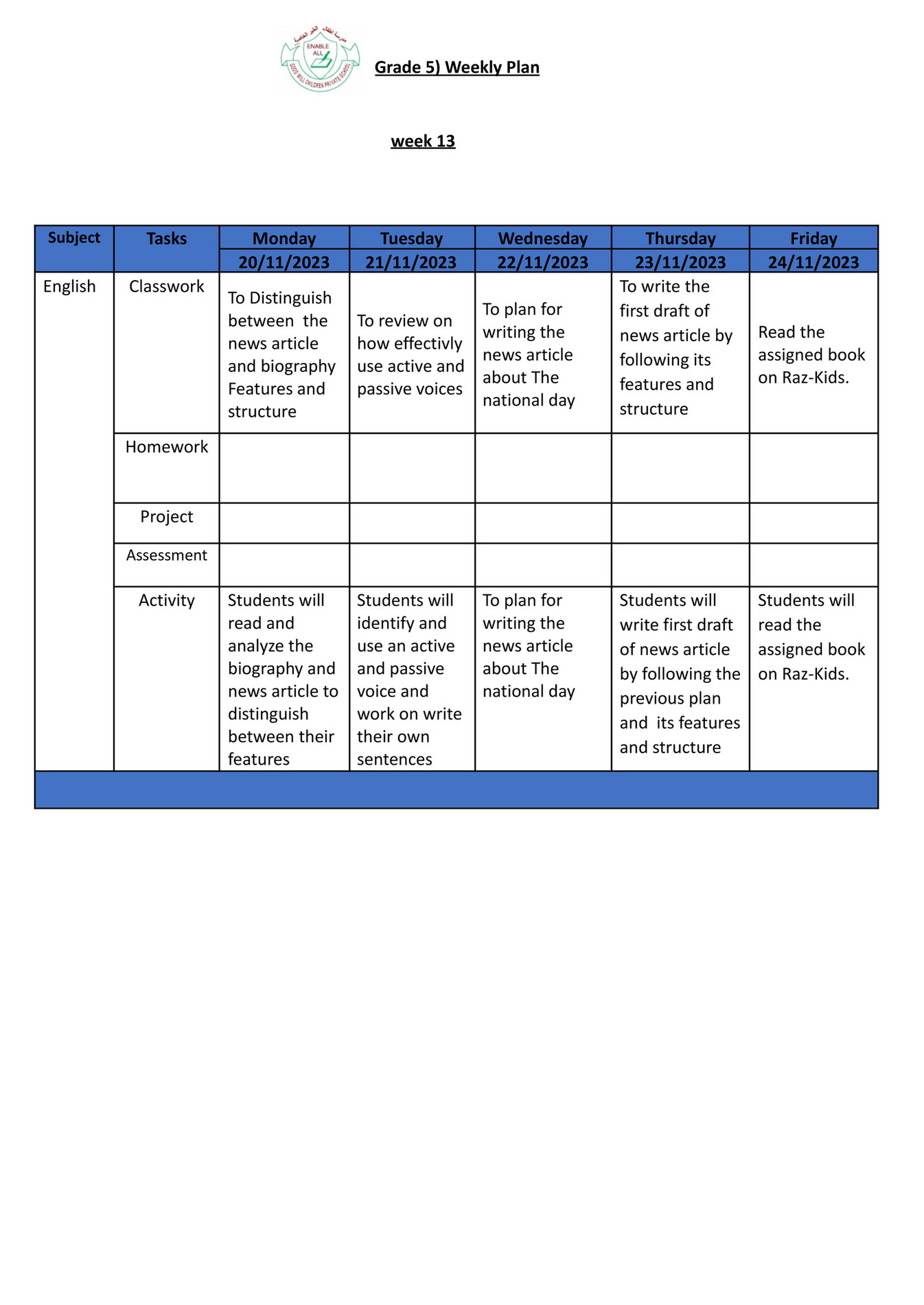 Good Will Children School - GR-5 -Weekly Plan-Term-1-Week-13 - Page 2-3 ...