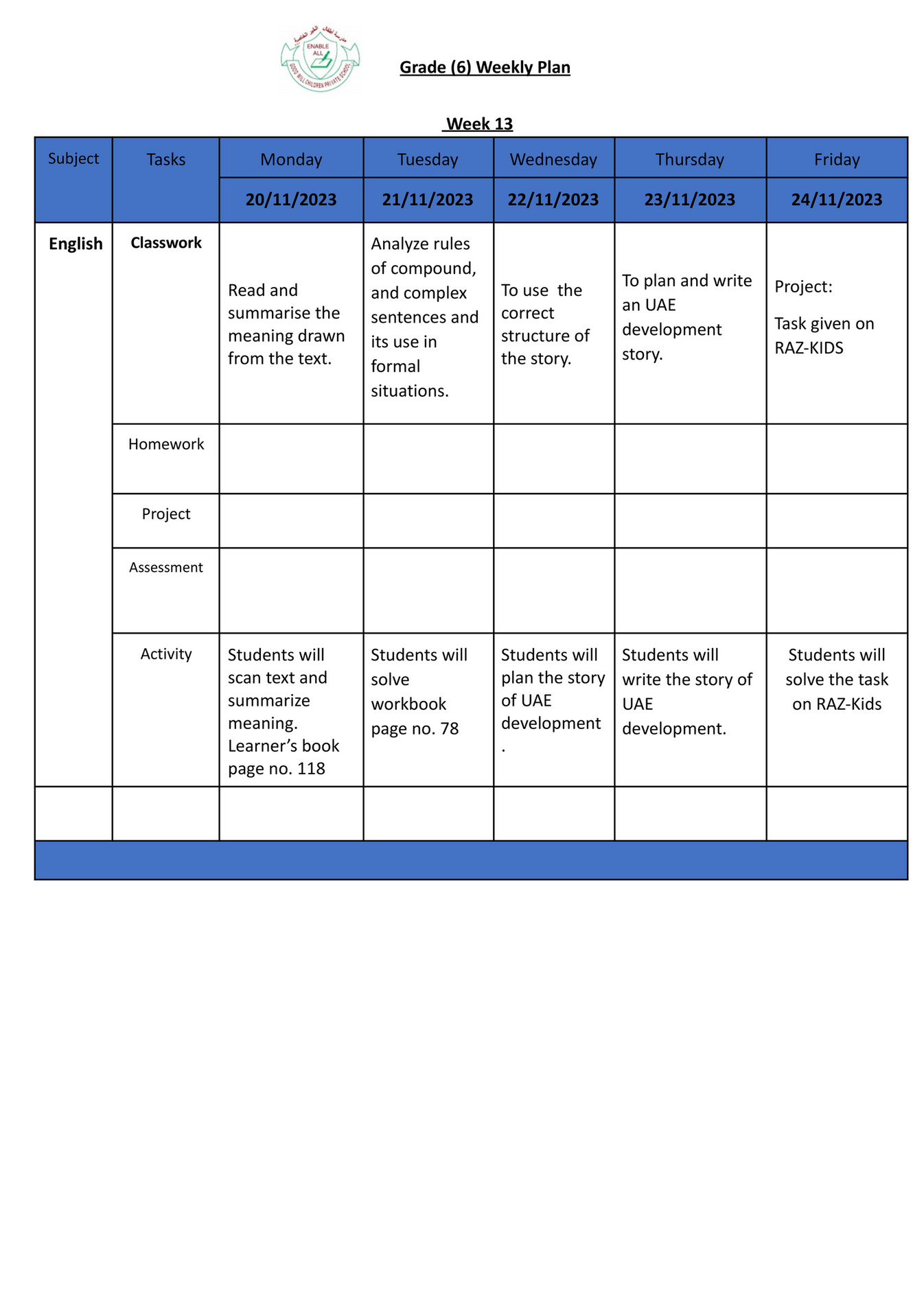 Good Will Children School - GR-6 -Weekly Plan-Term-1-Week-13 - Page 1 ...