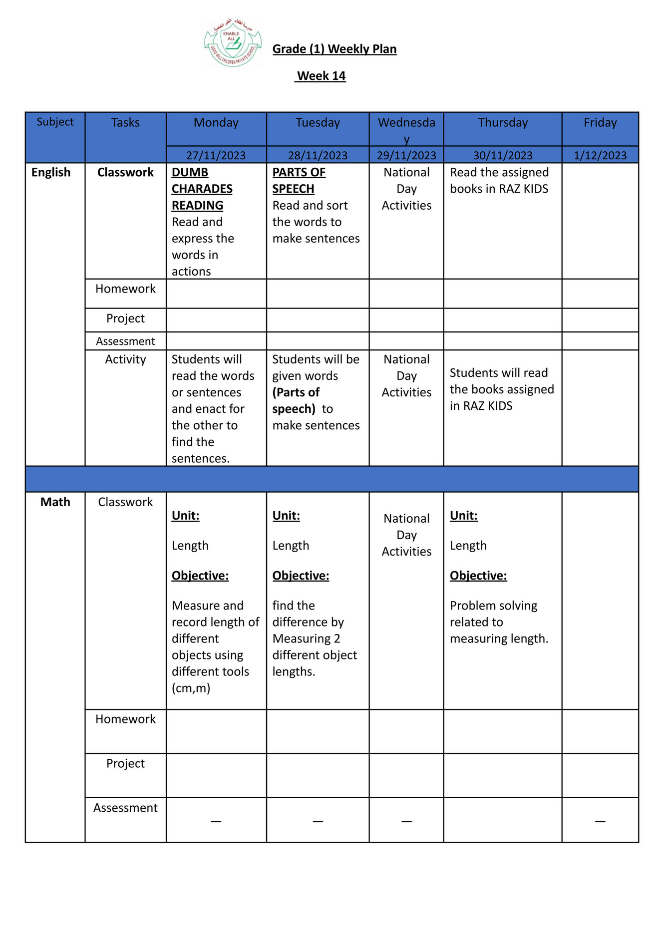 Good Will Children School - GR-1 -Weekly Plan-Term-1-Week-14 - Page 1 ...