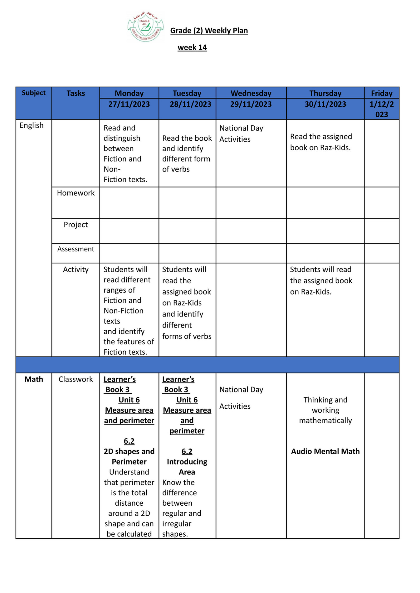 Good Will Children School - GR-2 -Weekly Plan-Term-1-Week-14 - Page 1 ...