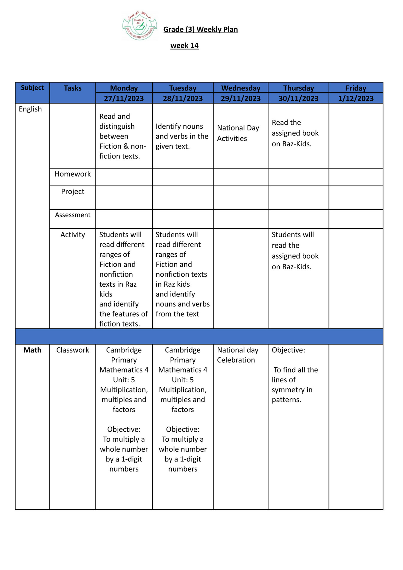Good Will Children School - GR-3 -Weekly Plan-Term-1-Week-14 - Page 1 ...