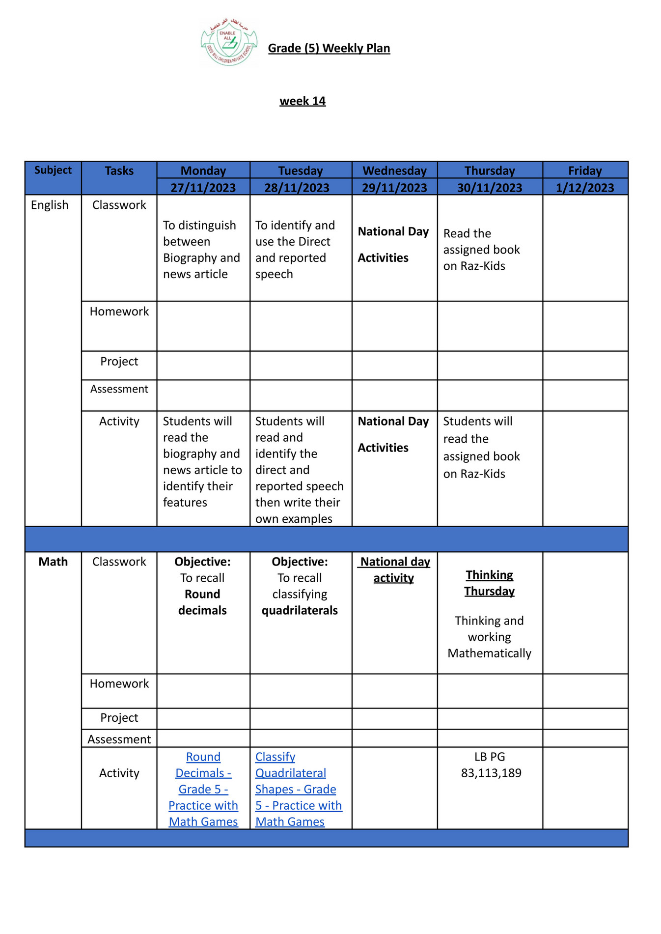 Good Will Children School - GR-5 -Weekly Plan-Term-1-Week-14 - Page 1 - Created with Publitas.com