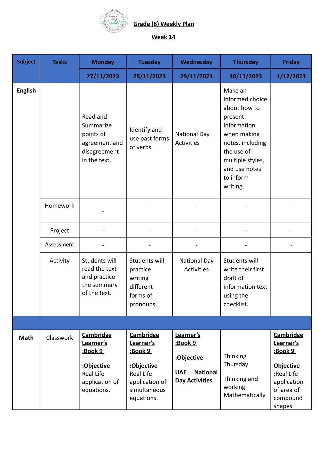 Good Will Children School - GR-8 -Weekly Plan-Term-1-Week-14 - Page 1 ...