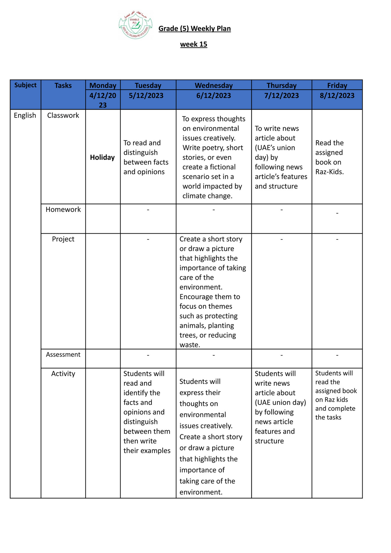 Good Will Children School - GR-5 -Weekly Plan-Term-1-Week-15 - Page 2-3 ...