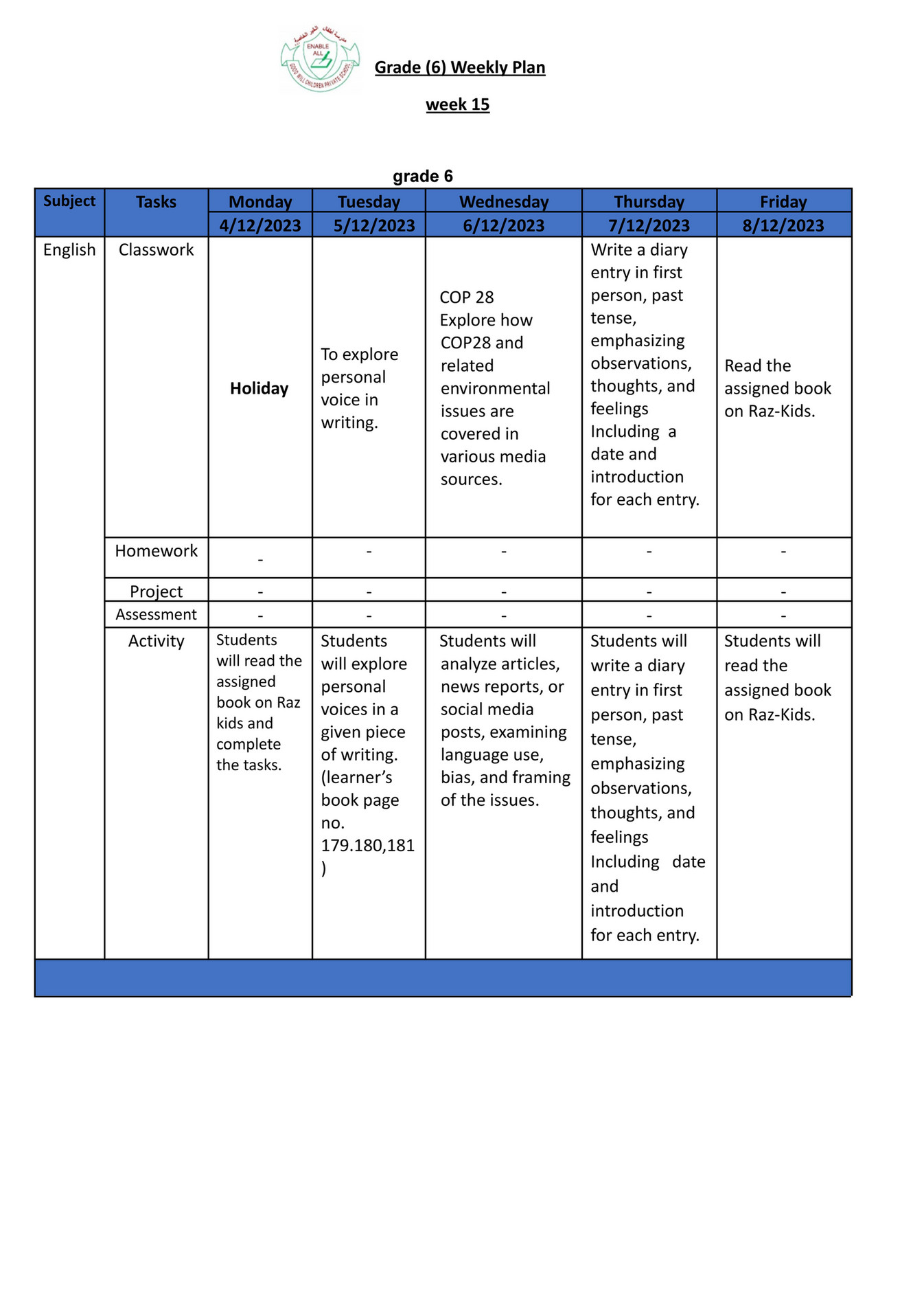 Good Will Children School - GR-6 -Weekly Plan-Term-1-Week-15 - Page 1 - Created with Publitas.com