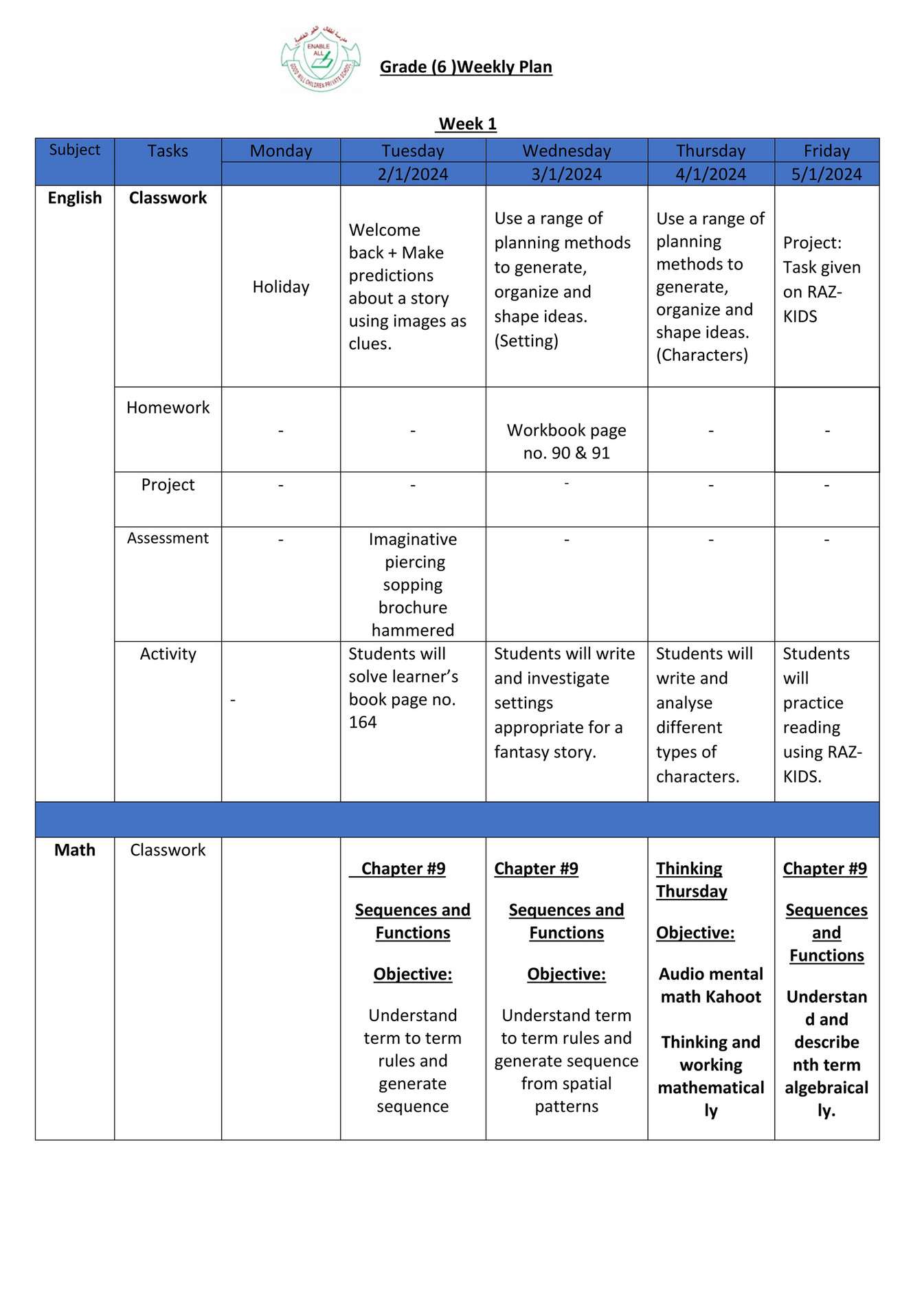 Good Will Children School - GR-6 -Weekly Plan-Week-16 - Page 1 ...