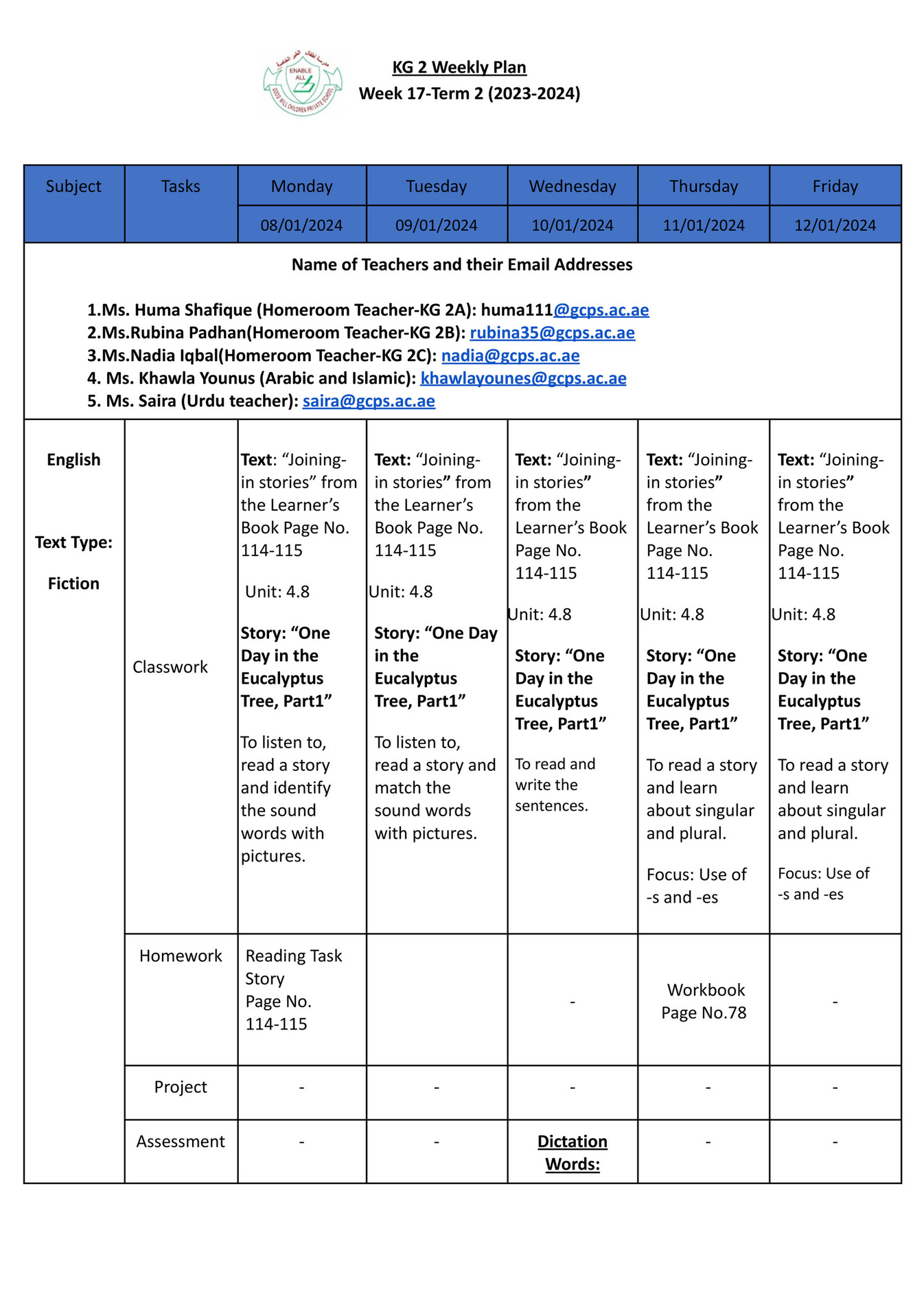 Good Will Children School - KG-2 -Weekly Plan-Term-2-Week-17 - Page 1 ...