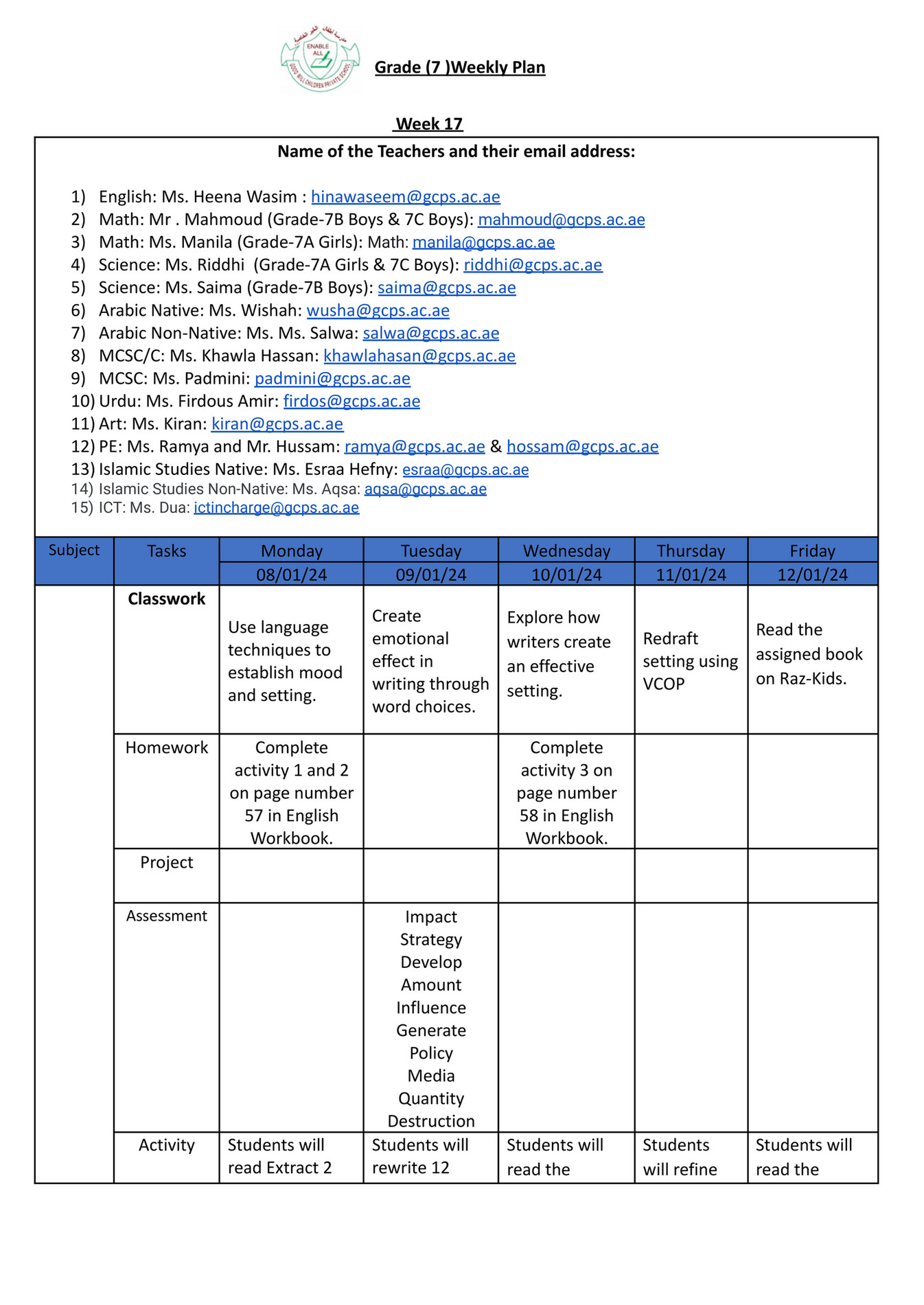 Good Will Children School - GR-7 -Weekly Plan-Term-2-Week-17 - Page 2-3 ...