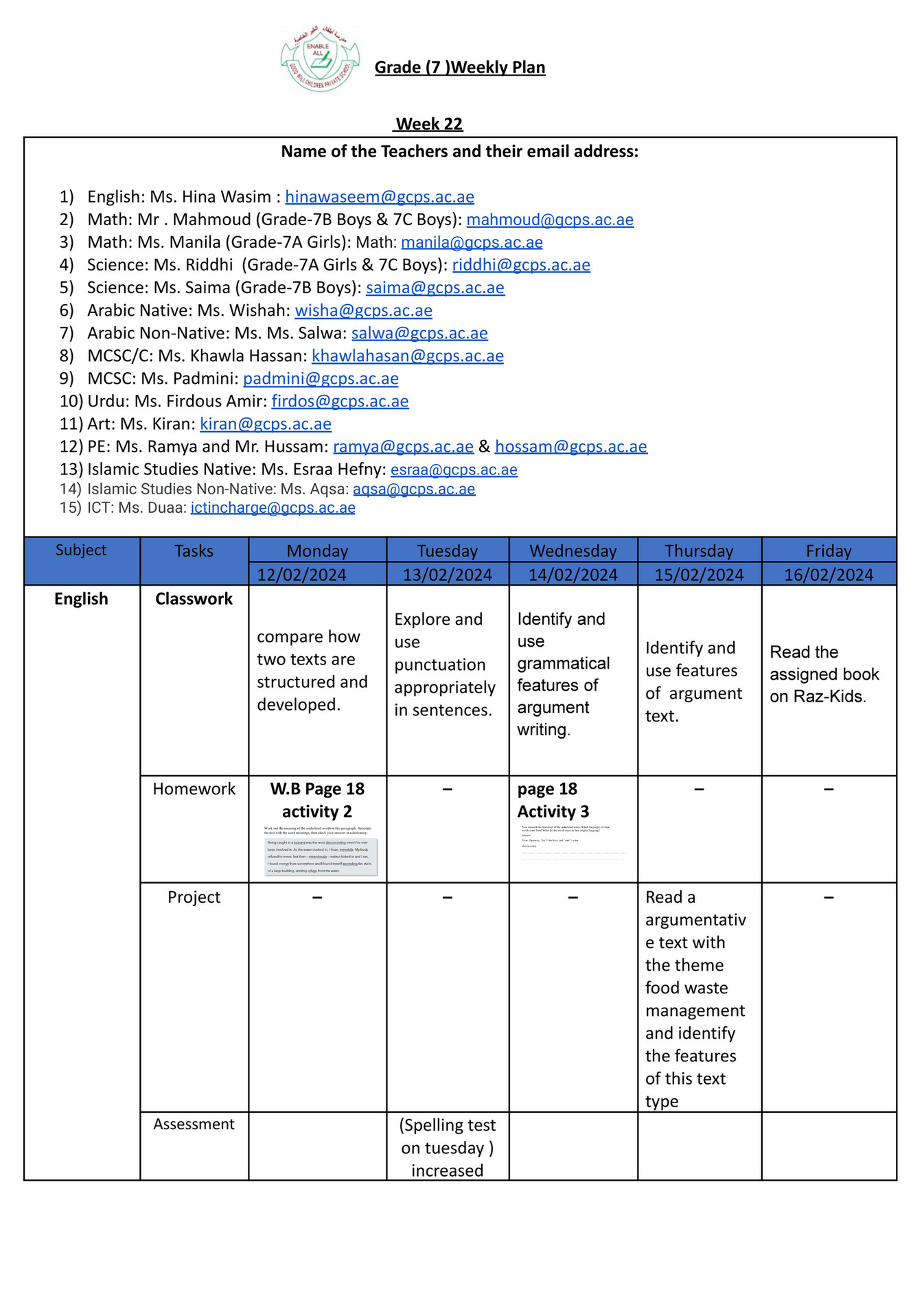 Good Will Children School - GR-7 -Weekly Plan-Term-2-Week-22 - Page 2-3 ...