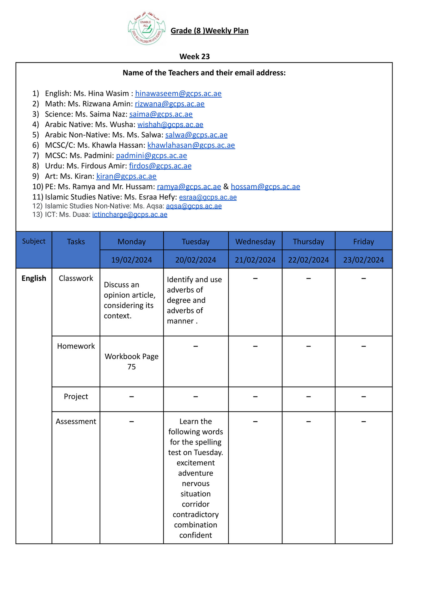 Good Will Children School - GR-8 -Weekly Plan-Term-2-Week-23 - Page 1 ...