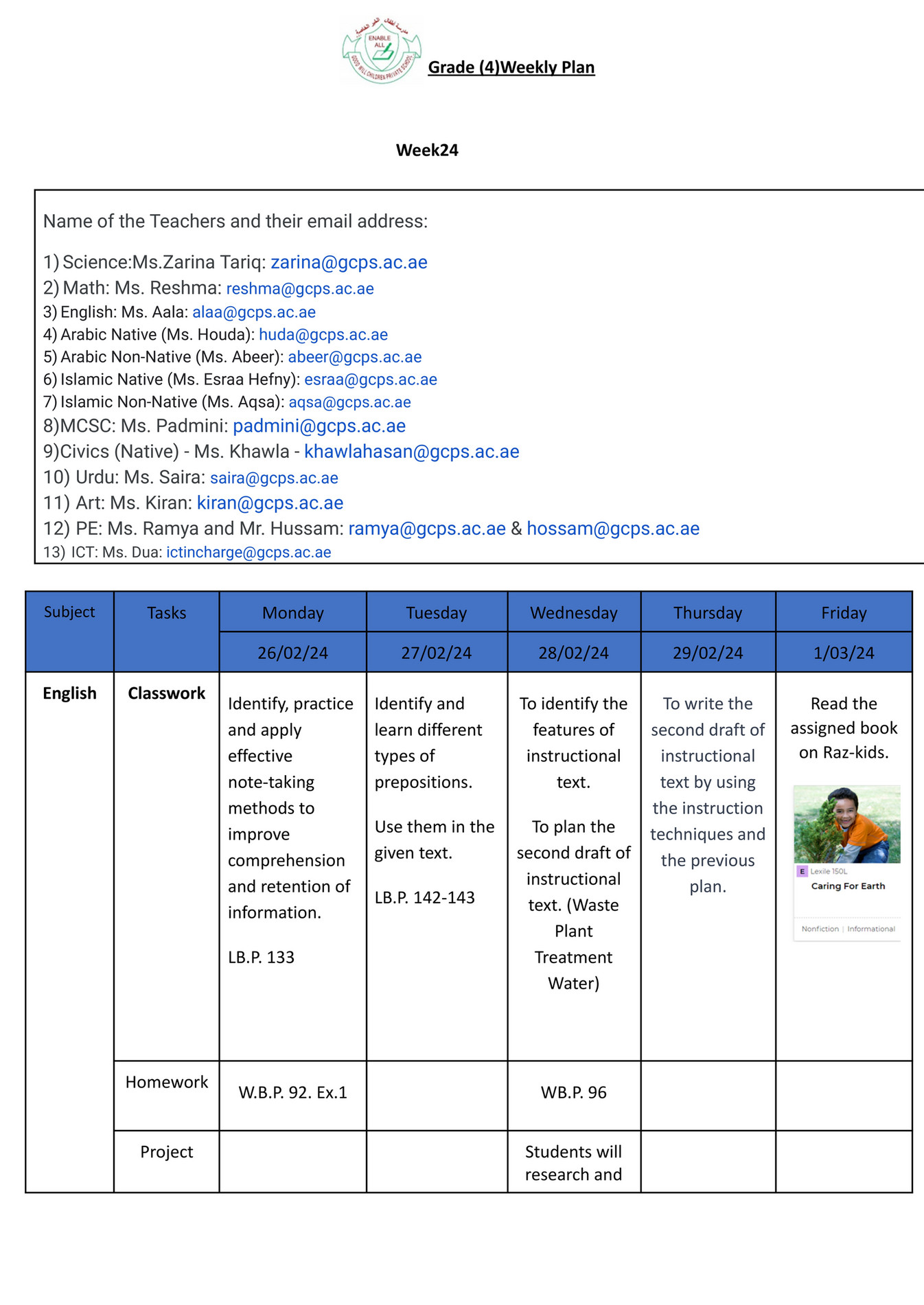 Good Will Children School - GR-4 -Weekly Plan-Term-2-Week-24 - Page 1 ...
