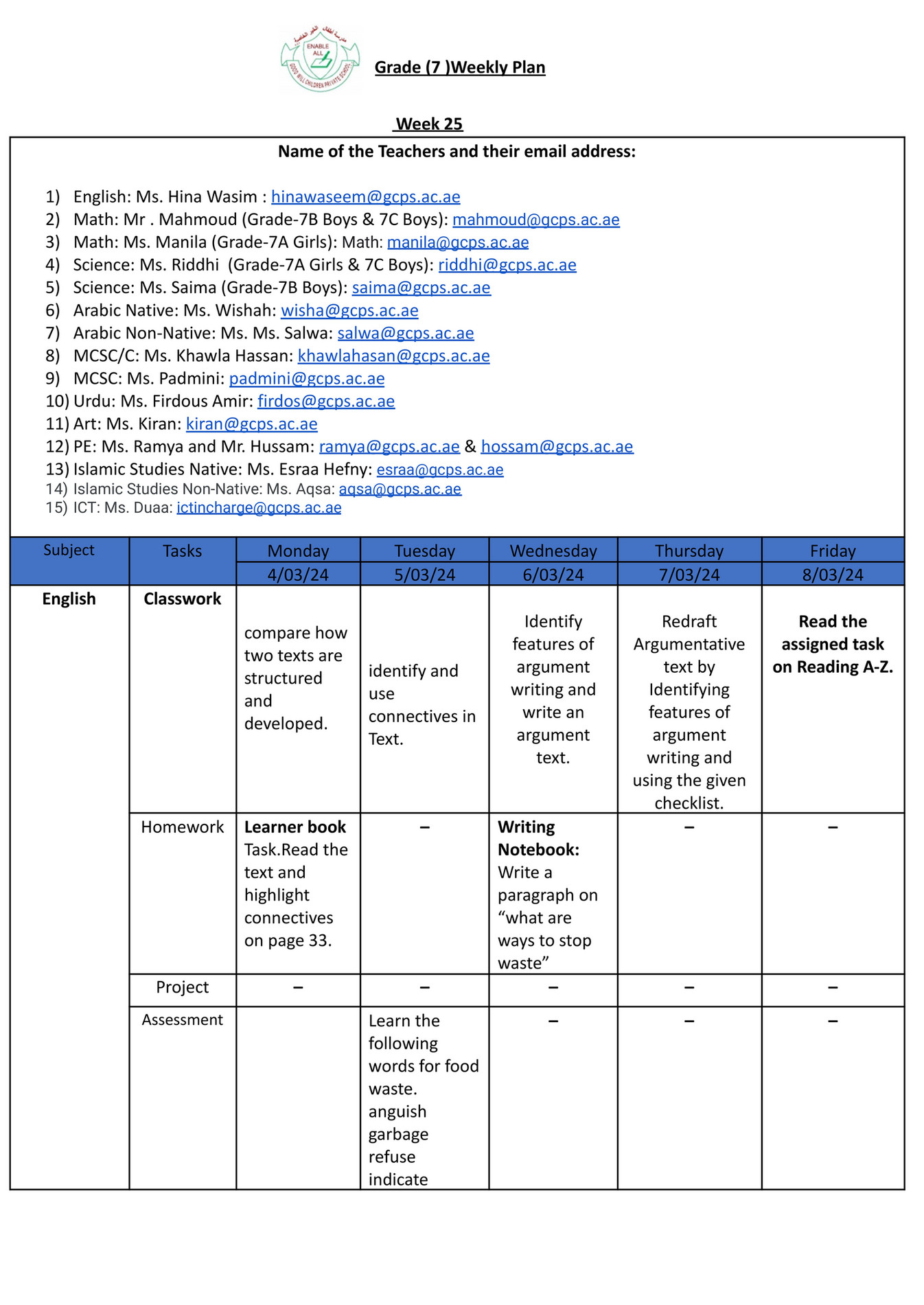 Good Will Children School - GR-7 -Weekly Plan-Term-2-Week-25 - Page 1 ...