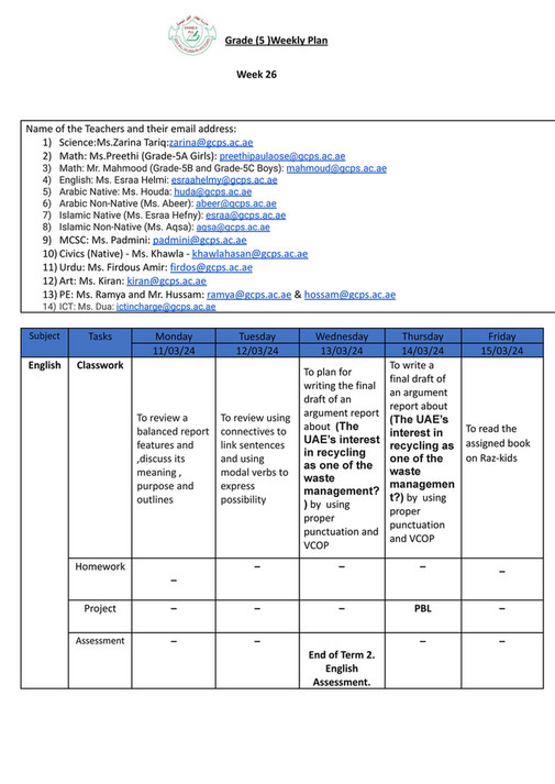 Good Will Children School - GR-5 -Weekly Plan-Term-2-Week-26 - Page 1 ...