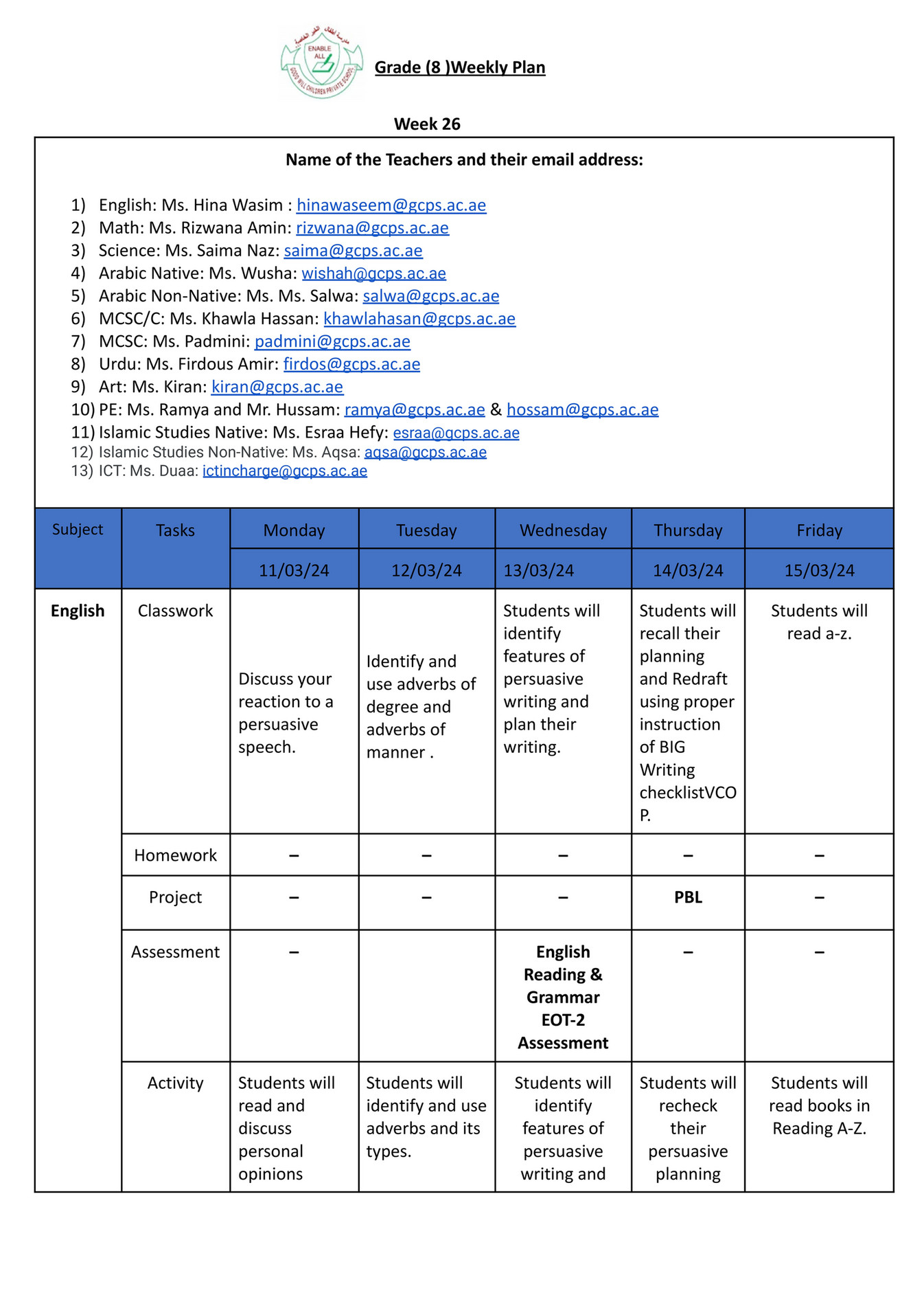 Good Will Children School - GR-8 -Weekly Plan-Term-2-Week-26 - Page 1 ...