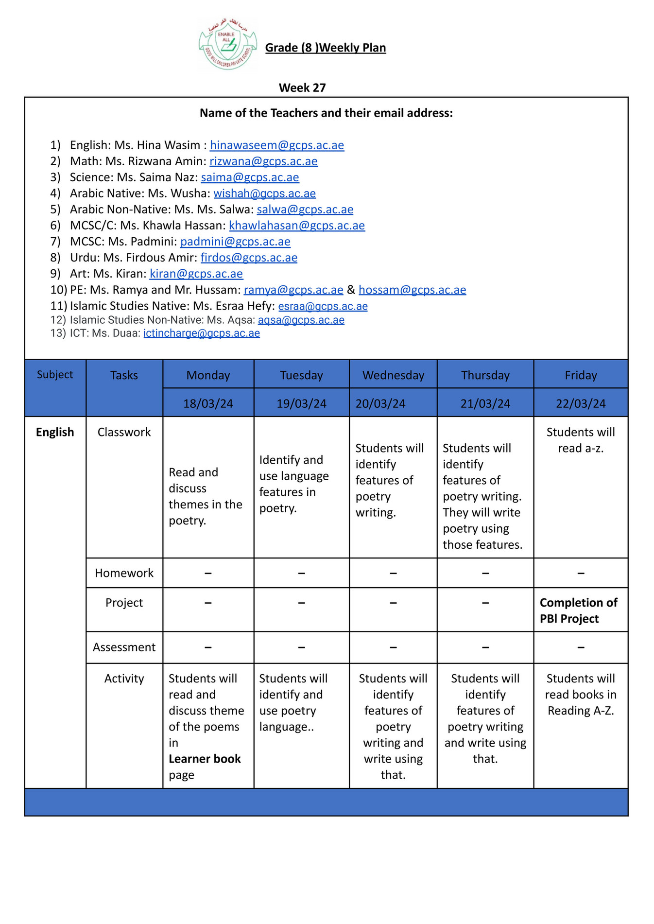 Good Will Children School - GR-8 -Weekly Plan-Term-2-Week-27 - Page 1 ...