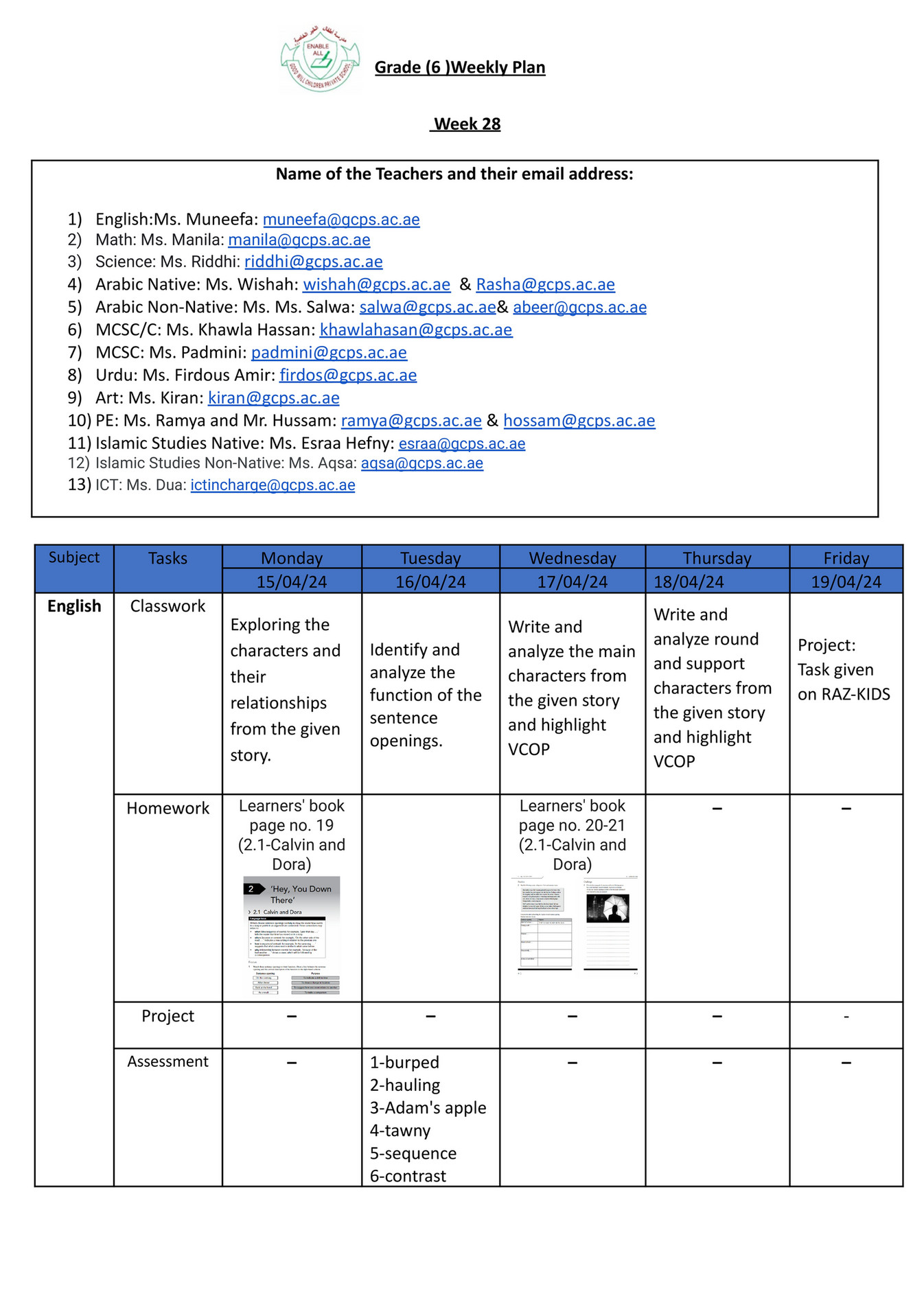 Good Will Children School - GR-6 -Weekly Plan-Term-3-Week-30 - Page 1 ...