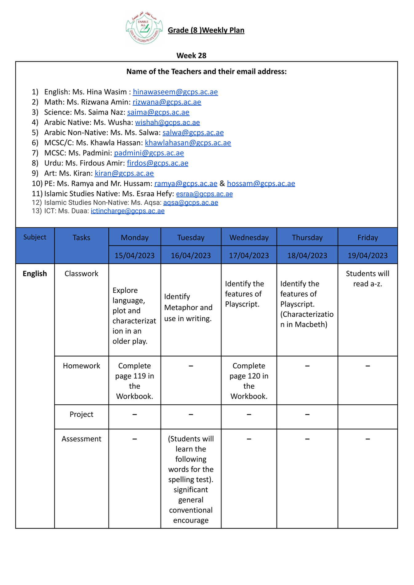 Good Will Children School - GR-8 -Weekly Plan-Term-3-Week-30 - Page 1 ...
