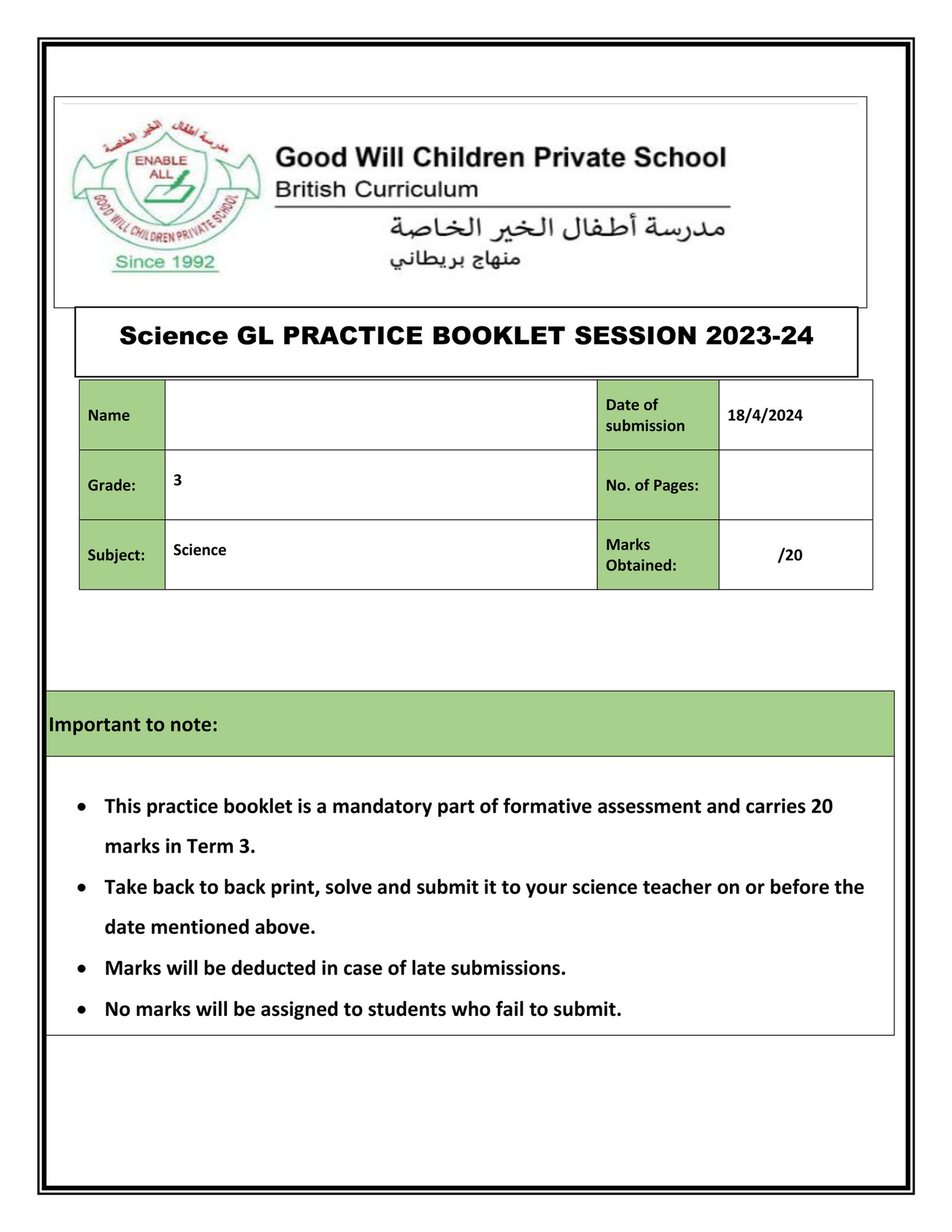 Good Will Children School - Science GL Practice Booklet for Grade-3 ...