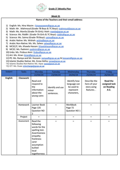 Good Will Children School - GR-7 -Weekly Plan-Term-3-Week-31 - Page 1 ...