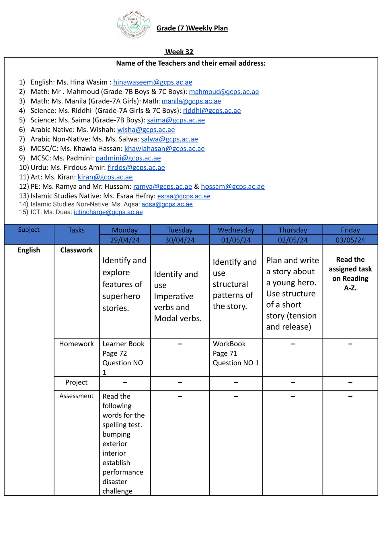 Good Will Children School - GR-7 -Weekly Plan-Term-3-Week-32 - Page 2-3 ...