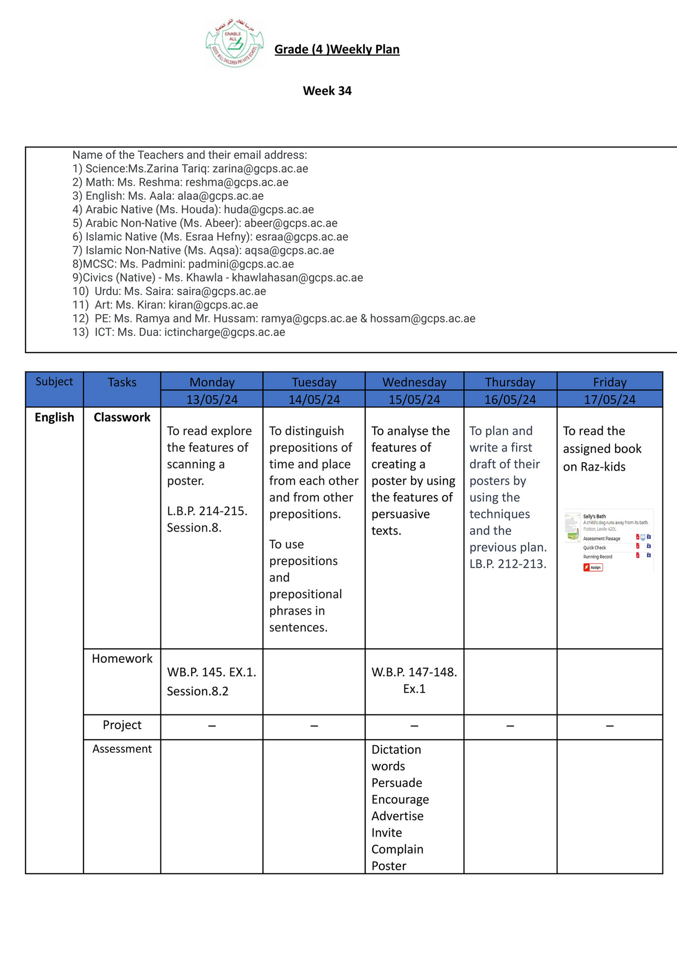 Good Will Children School - GR-4 -Weekly Plan-Term-3-Week-34 - Page 1 ...