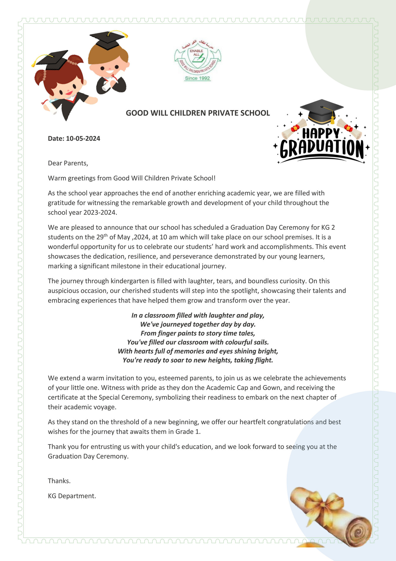 Good Will Children School - KG 2-Graduation Day Letter-23-24 - Page 1 ...