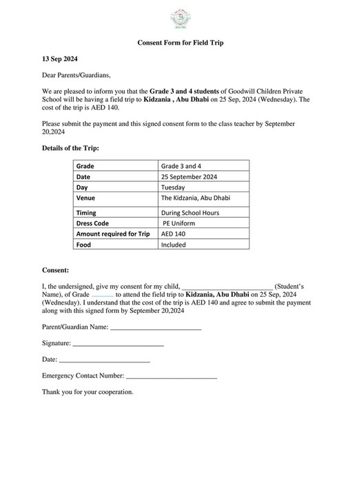 Good Will Children School - Trip Consent form GR-3 and GR-4 - Kidzania ...