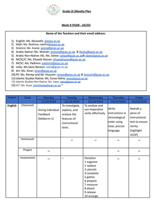 Good Will Children School - GR-4-Weekly Plan-Term-1-Week-9 - Page 1 - Created with Publitas.com