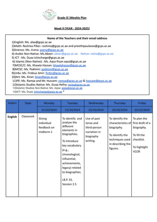 Good Will Children School - GR-5-Weekly Plan-Term-1-Week-9 - Page 1 - Created with Publitas.com