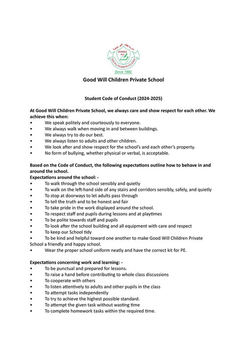 Good Will Children School - student code of conduct (2024-2025) - Page ...