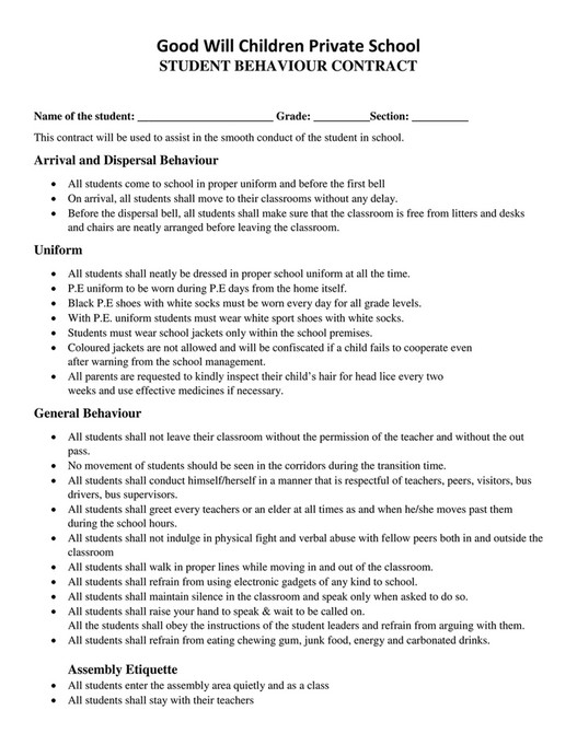Good Will Children School - Student code of Conduct -Contract - Page 1 ...