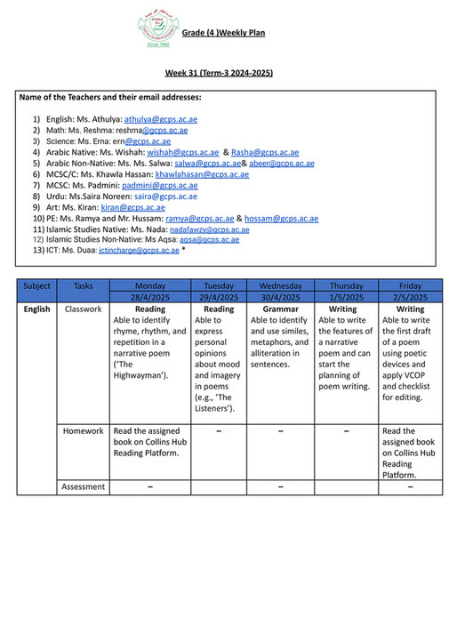 Good Will Children School - GR-4-Weekly Plan-Term-3-Week-31 - Page 1 - Created with Publitas.com