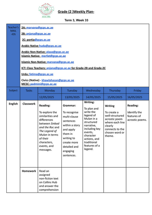 Good Will Children School - GR-2-Weekly Plan-Term-3-Week-33 - Page 1 - Created with Publitas.com