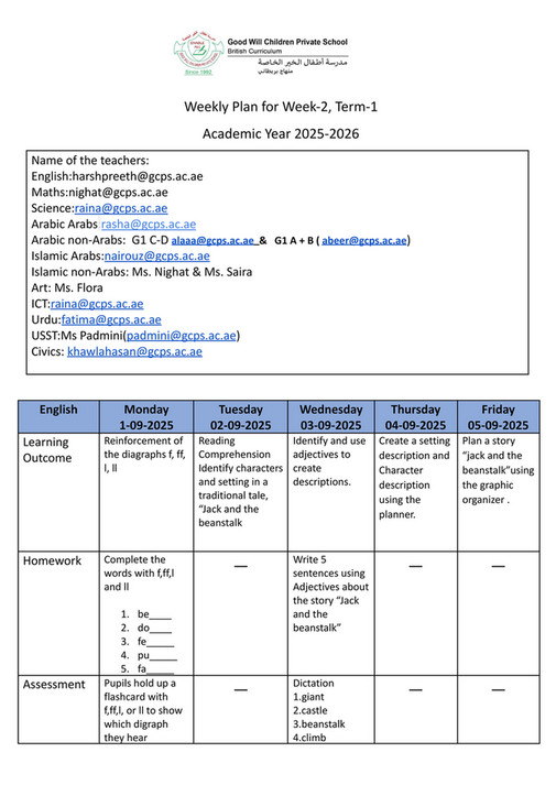 Good Will Children School - GR-1-Weekly Plan-Term-1-Week-2 - Page 1 - Created with Publitas.com