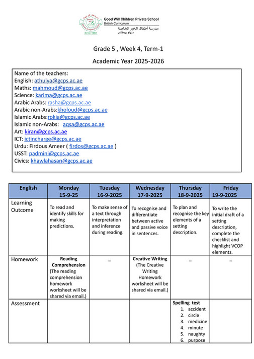 Good Will Children School - GR-5-Weekly Plan-Term-1-Week-4 - Page 1 - Created with Publitas.com