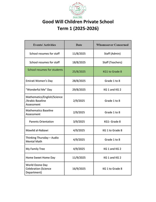 Good Will Children School - Events Calendar- Term 1 (2025-2026) - Page ...