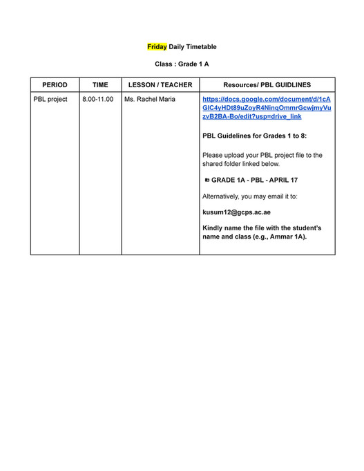 Good Will Children School - Grade 1A - PBL Guidlines - Page 1 - Created ...